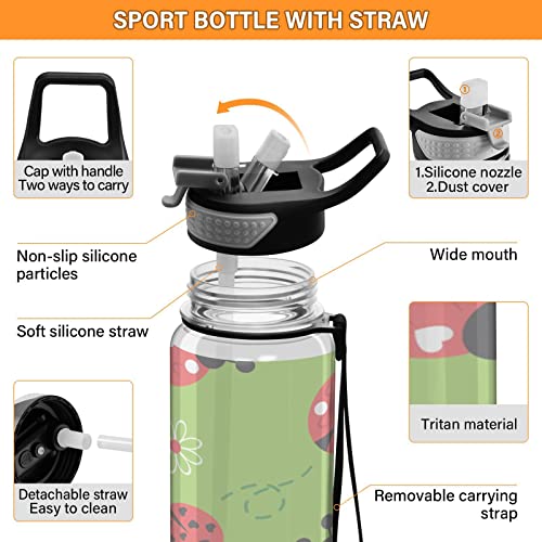 xigua Ladybug Water Bottle with Straw Lid,32 oz Leakproof Sport Water Bottle with Wide Handle for Gym,Cycling,School,Travel