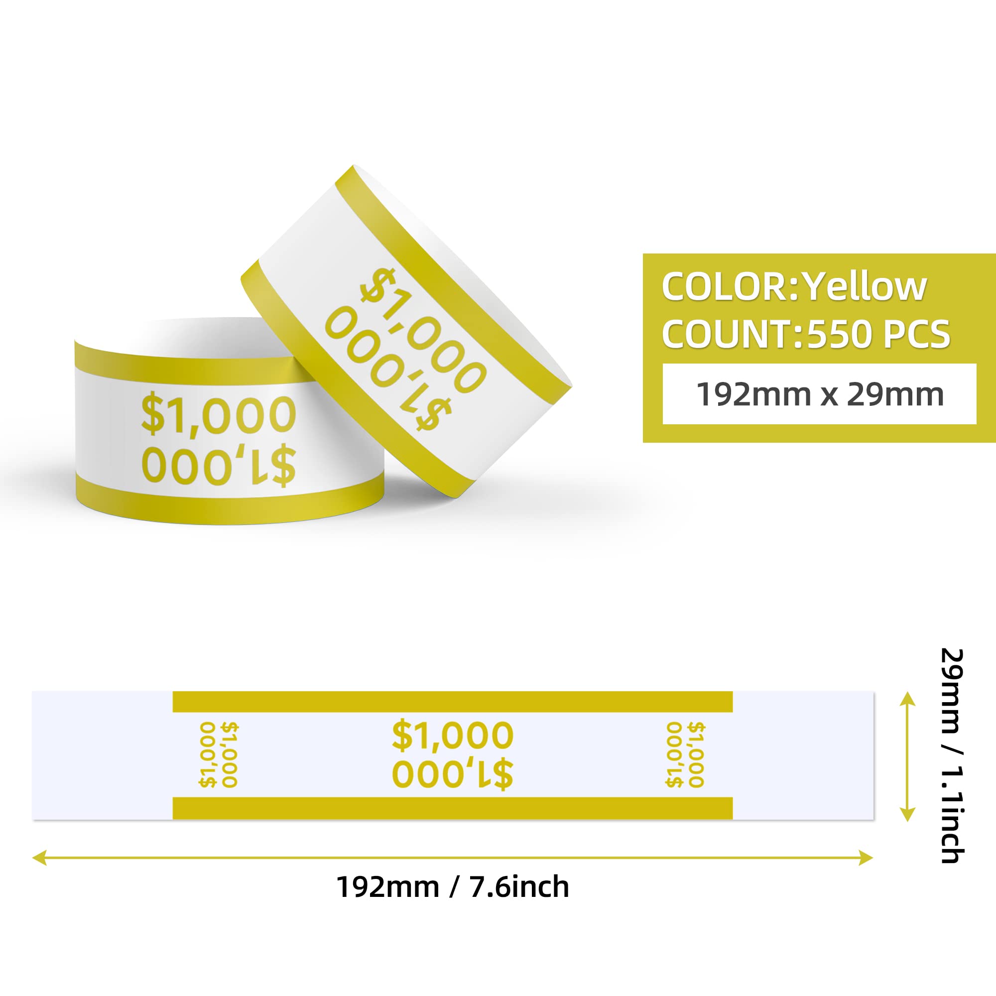 Money Bands 550 Pack for Cash Self Adhesive Wrappers for Bills Currency Straps for Dollar Wraps Organizer($1000 / Yellow)
