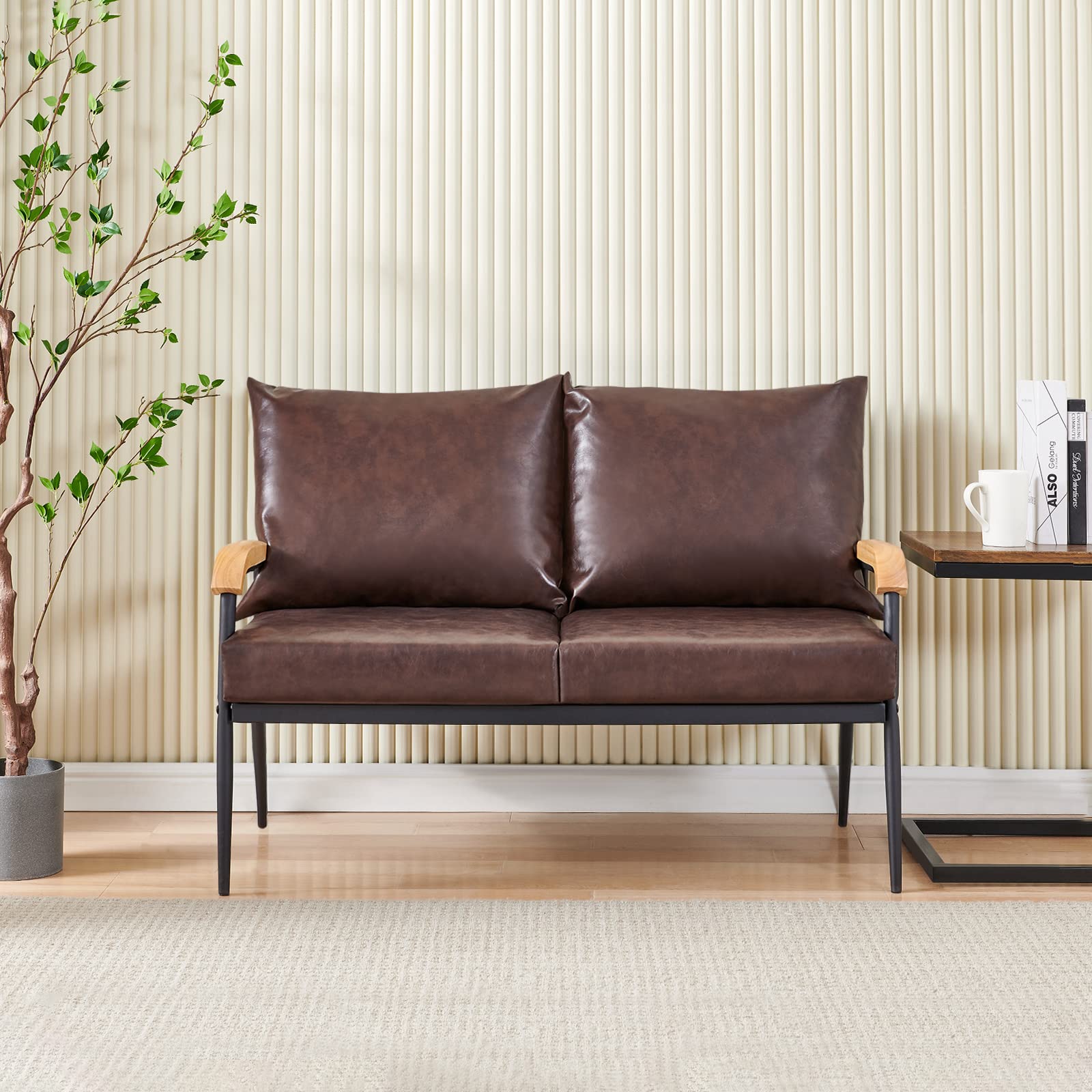 CLIPOP Mid Century Modern Accent Chair, Loveseat Sofa with Removable Backrest and Cushion, Upholstered Faux Leather Couch with Solid Wood Armrest Metal Frame Easy-Assembly, 43" W, Dark Brown