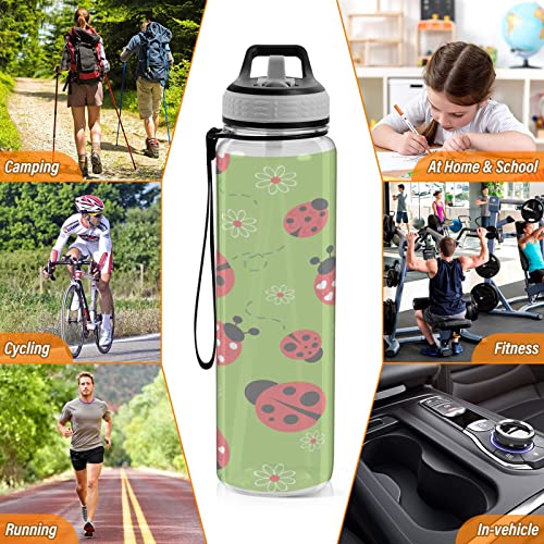 xigua Ladybug Water Bottle with Straw Lid,32 oz Leakproof Sport Water Bottle with Wide Handle for Gym,Cycling,School,Travel