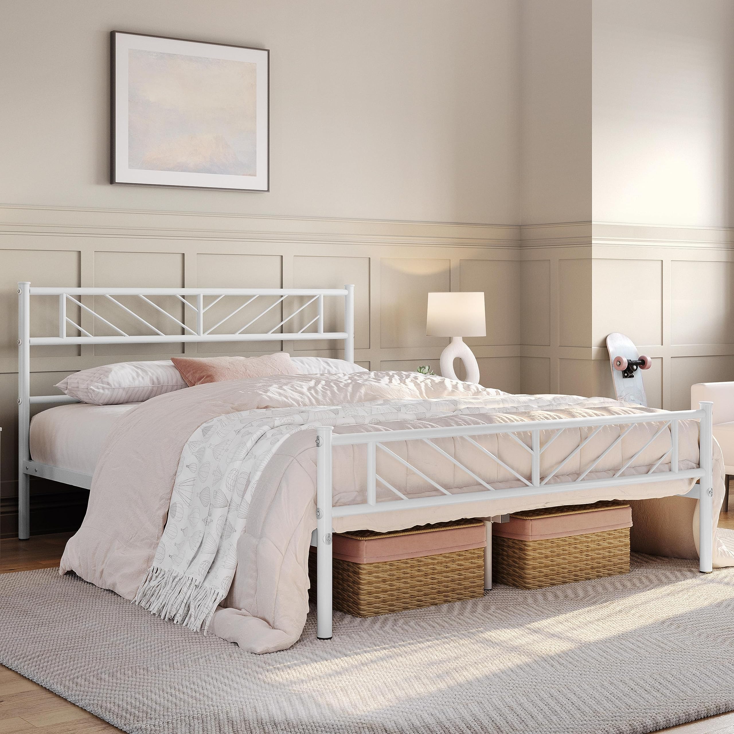 Yaheetech Full Size Platform Bed Frame with Arrow Design Headboard, 13 Inches Metal Mattress Foundation for Storage, No Box Spring Needed, Easy Assembly, Modern, White