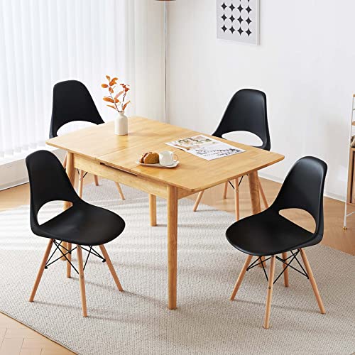 ESSIZOLE Modern Dining Chairs Set of 4,DSW Shell Plastic Chairs with Wood Legs,Armless Side Chairs,Kitchen Chair with Hollow Back for Dining Room,Living Room,Bedroom (Black-02)
