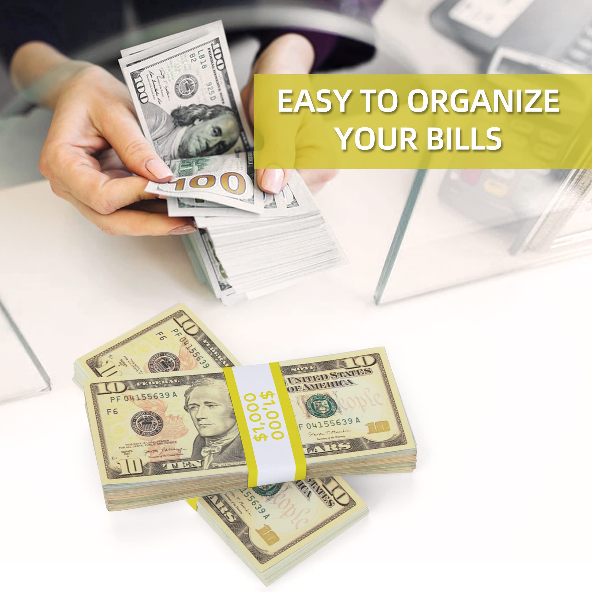 Money Bands 550 Pack for Cash Self Adhesive Wrappers for Bills Currency Straps for Dollar Wraps Organizer($1000 / Yellow)