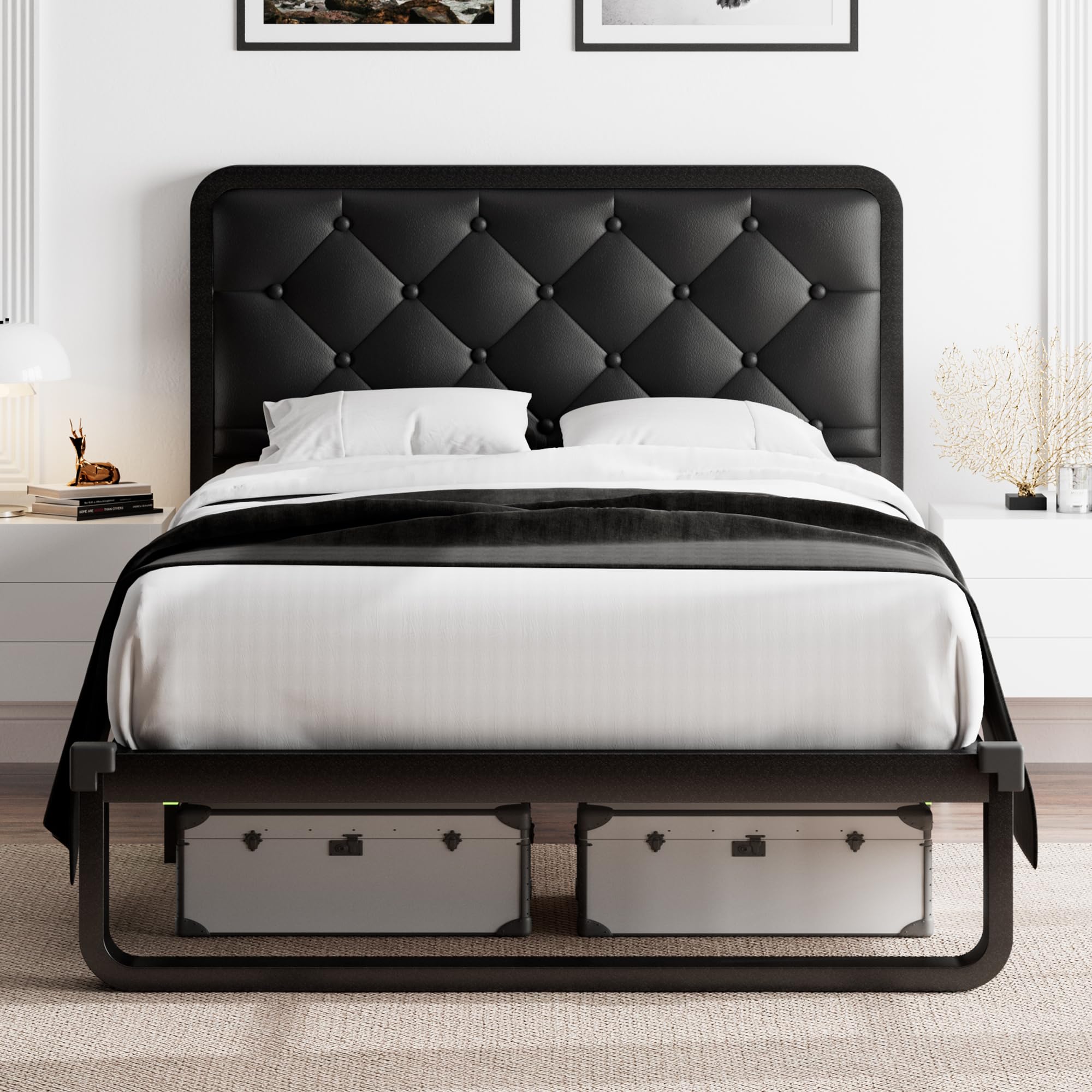 Feonase Twin Bed Frame, Upholstered Platform Bed Frame with Heavy-Duty Steel Slats, Diamond Tufted Headboard, 12" Storage Space, No Box Spring Needed, Noise Free, Easy Assembly, Black