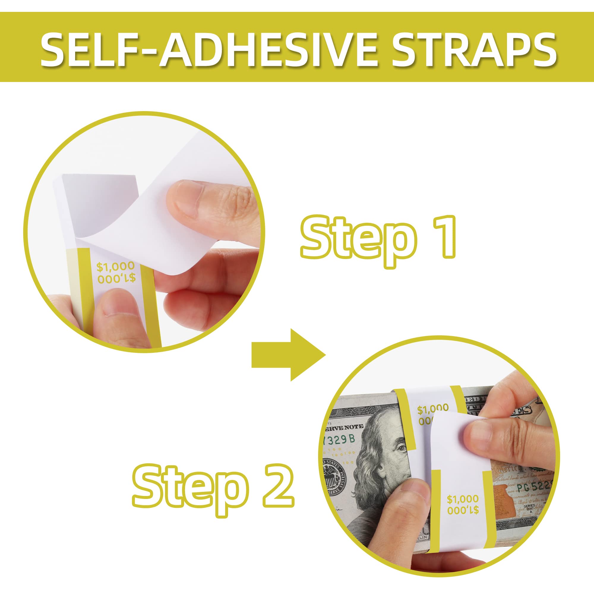 Money Bands 550 Pack for Cash Self Adhesive Wrappers for Bills Currency Straps for Dollar Wraps Organizer($1000 / Yellow)