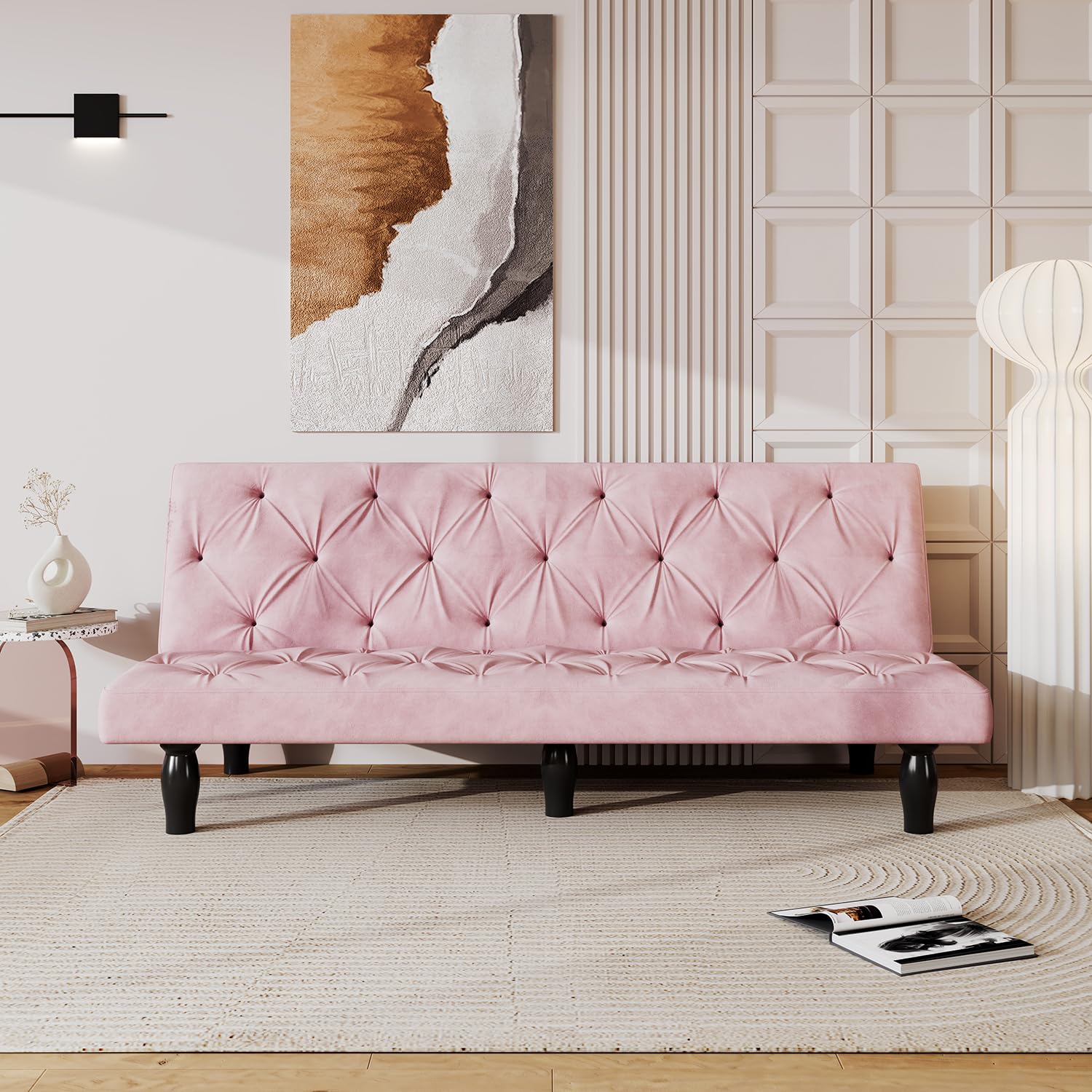 Convertible Velvet Sofa Bed Futon with Wooden Legs, Folding Sofa Bed, Loveseat Sleeper, Sofabed Suitable for Family Living Room, Apartment, Bedroom, Compact Living Spaces, Office Dorms (Pink)