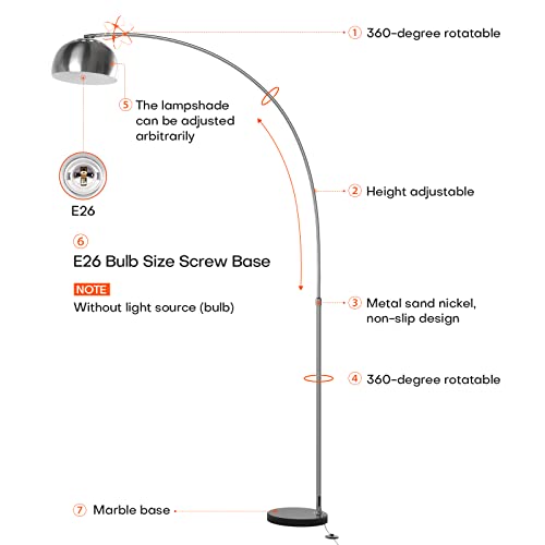 LamQee Modern Arc Floor Lamp 72.7" Tall Standing Hanging Lamp Chrome Finished Arched Floor Lamp with Marble Base for Living Room Bedroom Study Reading Office