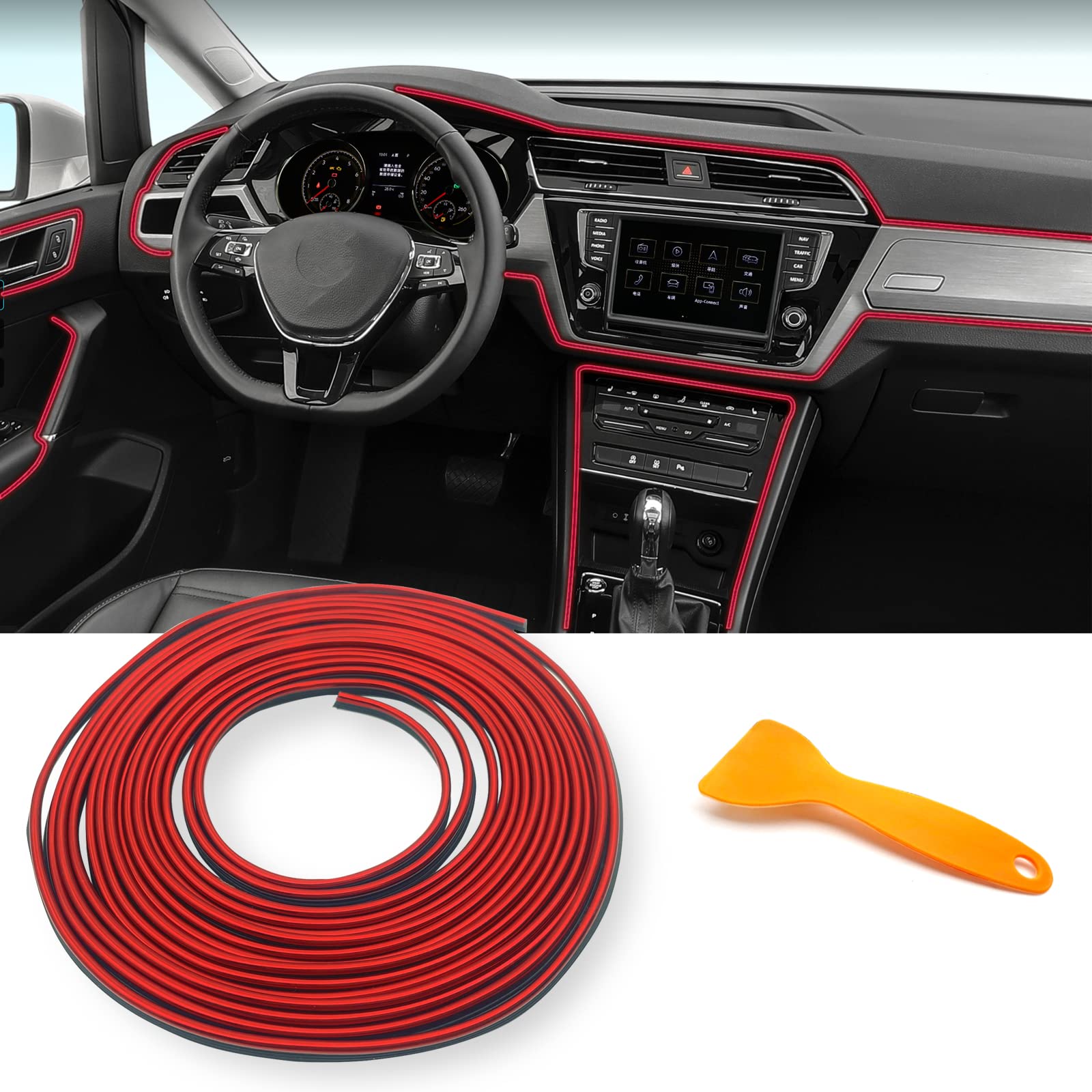 32FT Car Interior Trim Strip, Plated Insert Car Trim Stripe Tape, Universal Car Seam Filler, Flexible Car Interior Trim Accessories (Red)