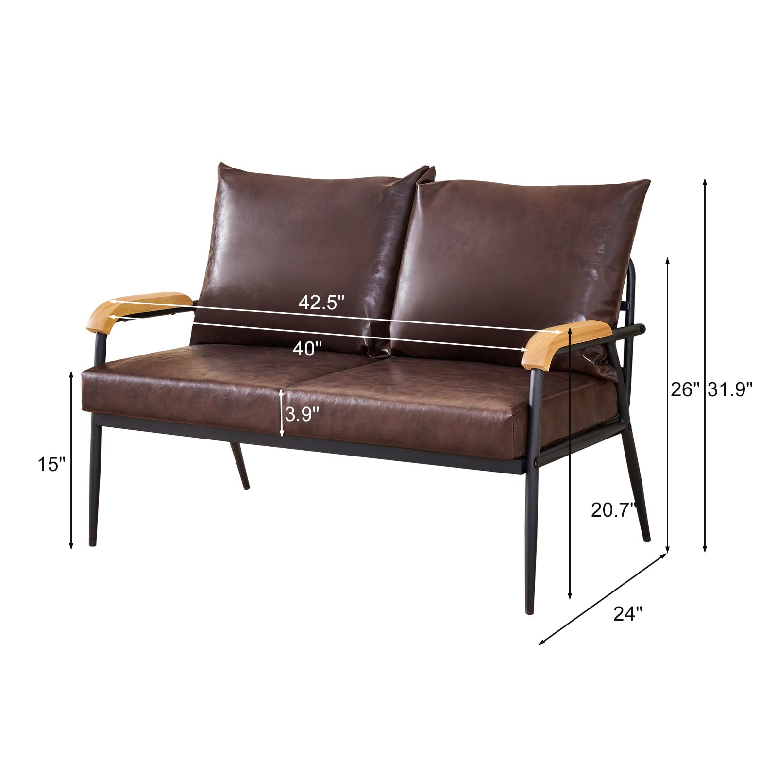 CLIPOP Mid Century Modern Accent Chair, Loveseat Sofa with Removable Backrest and Cushion, Upholstered Faux Leather Couch with Solid Wood Armrest Metal Frame Easy-Assembly, 43" W, Dark Brown