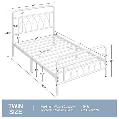 Yaheetech Twin Bed Frame Metal Platform Bed with Petal Accented Headboard/Footboard/14.4 Inch Under Bed Storage/No Box Spring Needed, White