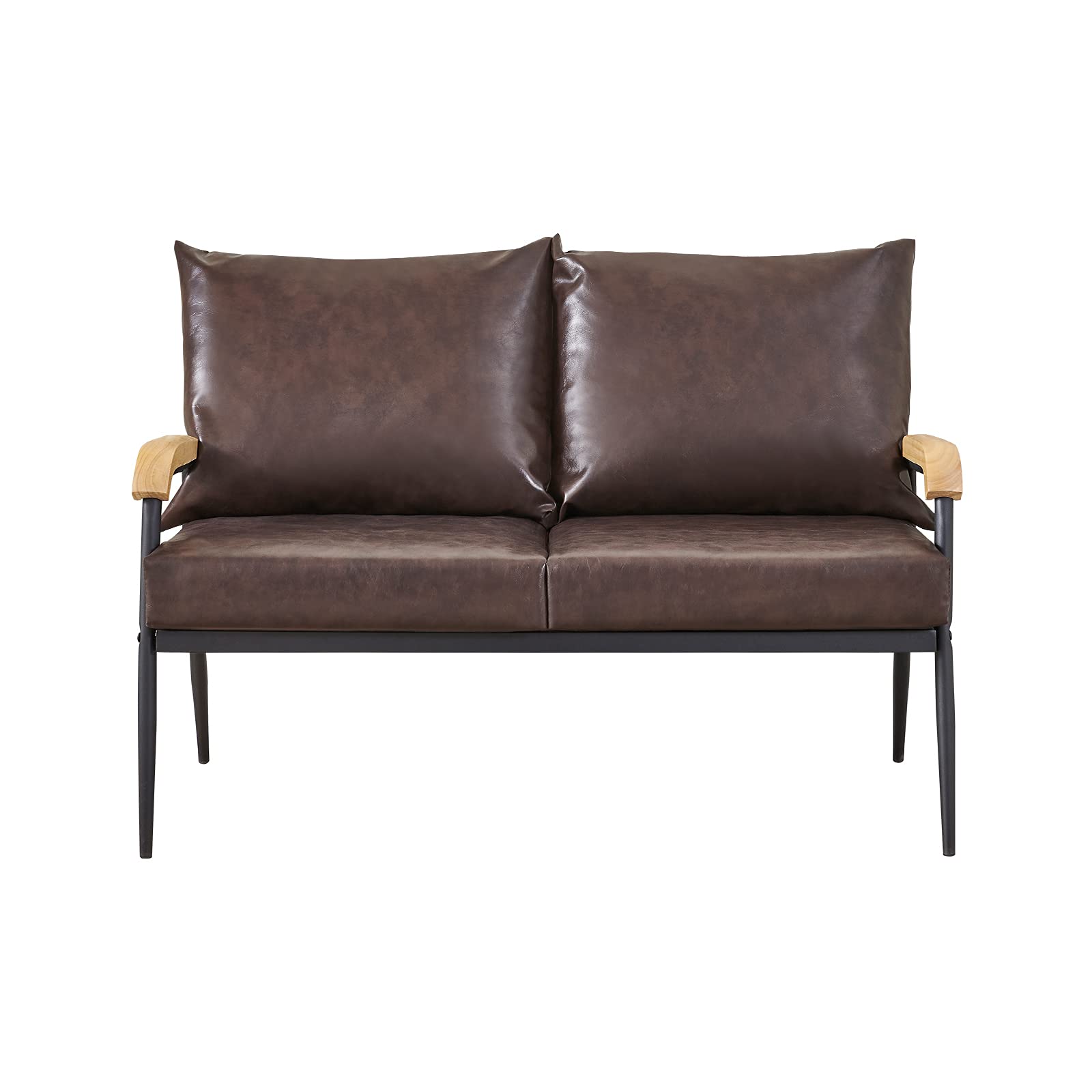 CLIPOP Mid Century Modern Accent Chair, Loveseat Sofa with Removable Backrest and Cushion, Upholstered Faux Leather Couch with Solid Wood Armrest Metal Frame Easy-Assembly, 43" W, Dark Brown