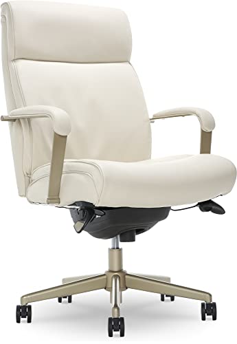 La-Z-Boy Melrose Executive Office, Adjustable High Back Ergonomic Computer Chair with Lumbar Support, Brass Finish, Ivory White Bonded Leather 30D x 25.25W x 40.25H Inch