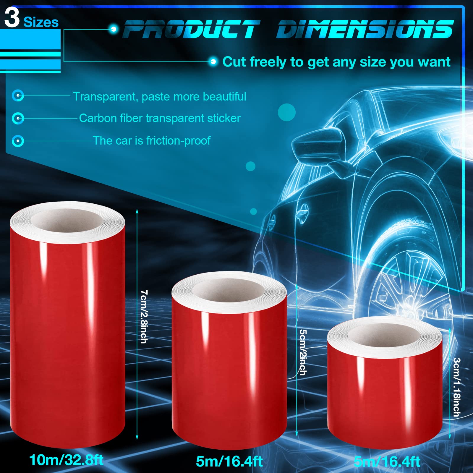 Ireer 3 Rolls Red Gloss Vinyl Detailing Wrap Tape Adhesive Vinyl Tape Roll DIY Trim Vinyl Wrap for Cars Automotive Vinyl Wrap Rolls with Tools for Auto Window Door Protector, 1.97 in 2.76 in 3.94 in