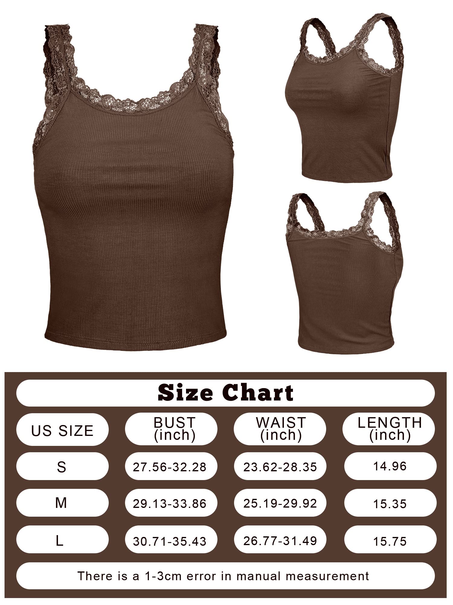 Sintege 3 Pcs Women's Lace Patchwork Tank Top Lace Camisole Tank Sleeveless Cami Crop Lacework Trim Y2k Tops(Small,Black, White, Coffee)