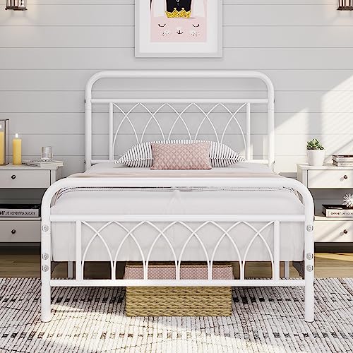 Yaheetech Twin Bed Frame Metal Platform Bed with Petal Accented Headboard/Footboard/14.4 Inch Under Bed Storage/No Box Spring Needed, White