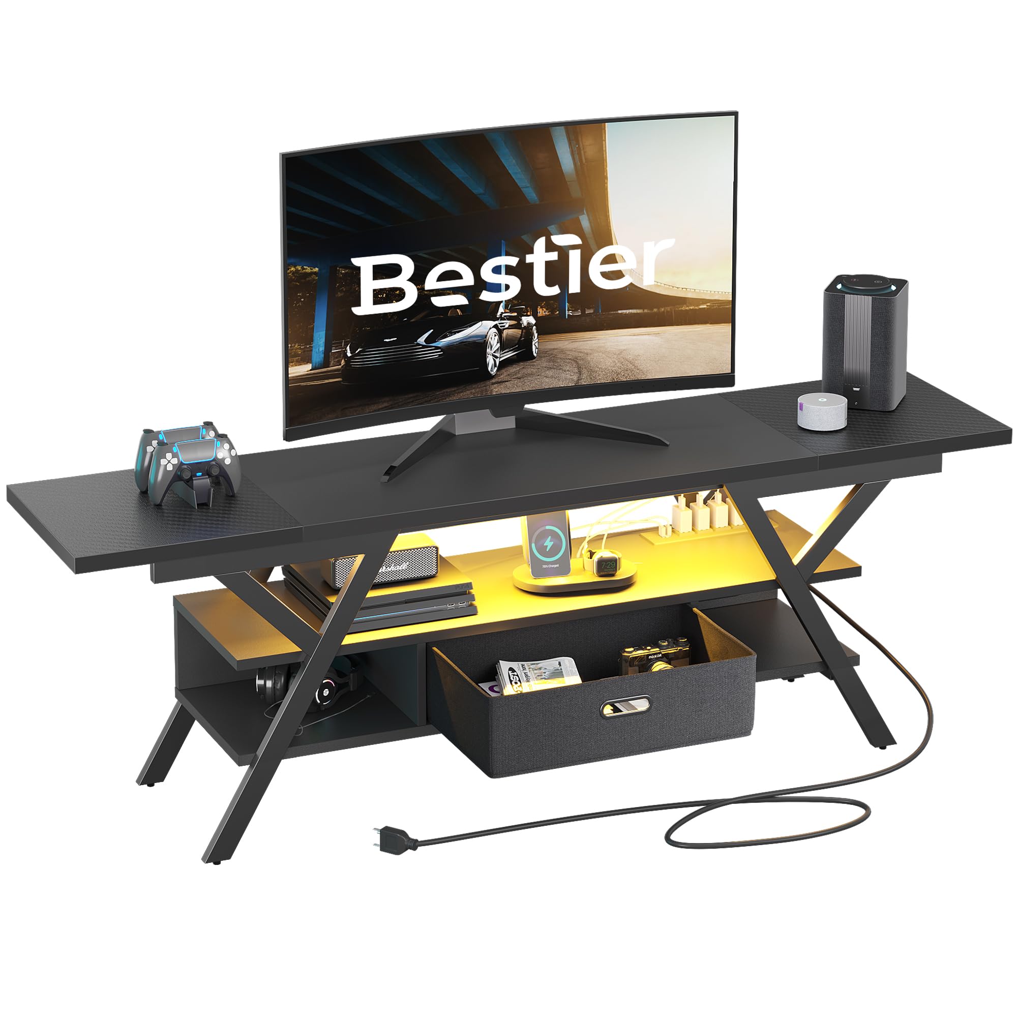 Bestier LED TV Stand with Power Outlets for 70/75/80 inch TV, Gaming Entertainment Center with Storage for PS5, 70 Inch Modern TV Cabinet with Drawers for Living Room, Bedroom, Carbon Fiber Black