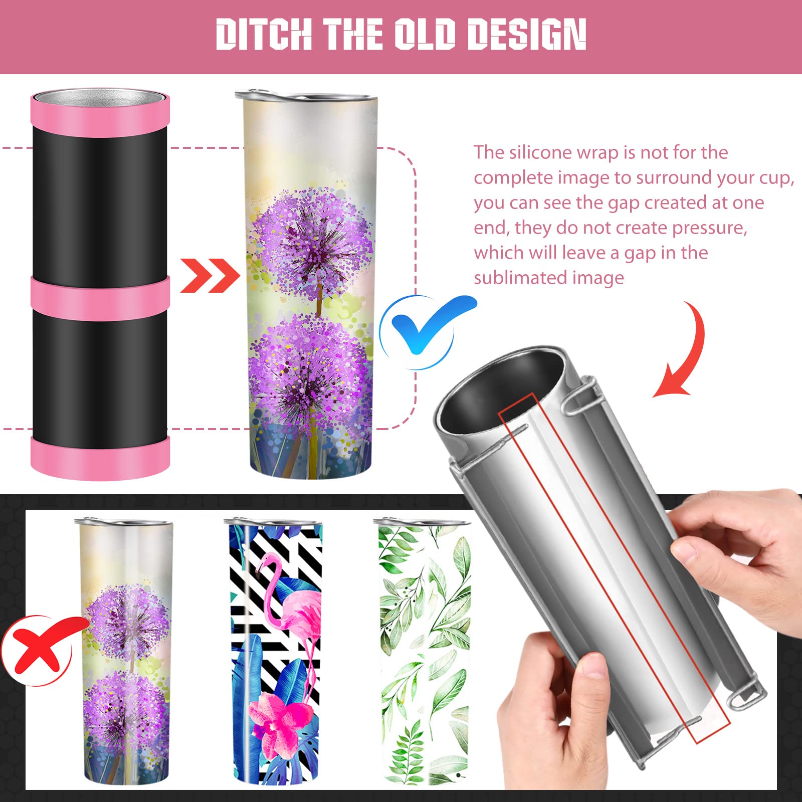 6 Pack Silicone Bands for Sublimation Tumbler Sublimation Silicone Bands Rubber Bands Elastic Sublimation Paper Holder Water Bottle Bands for Wrapping Cups Reducing Ghosting Art DIY (Pink, 8.27 Inch)