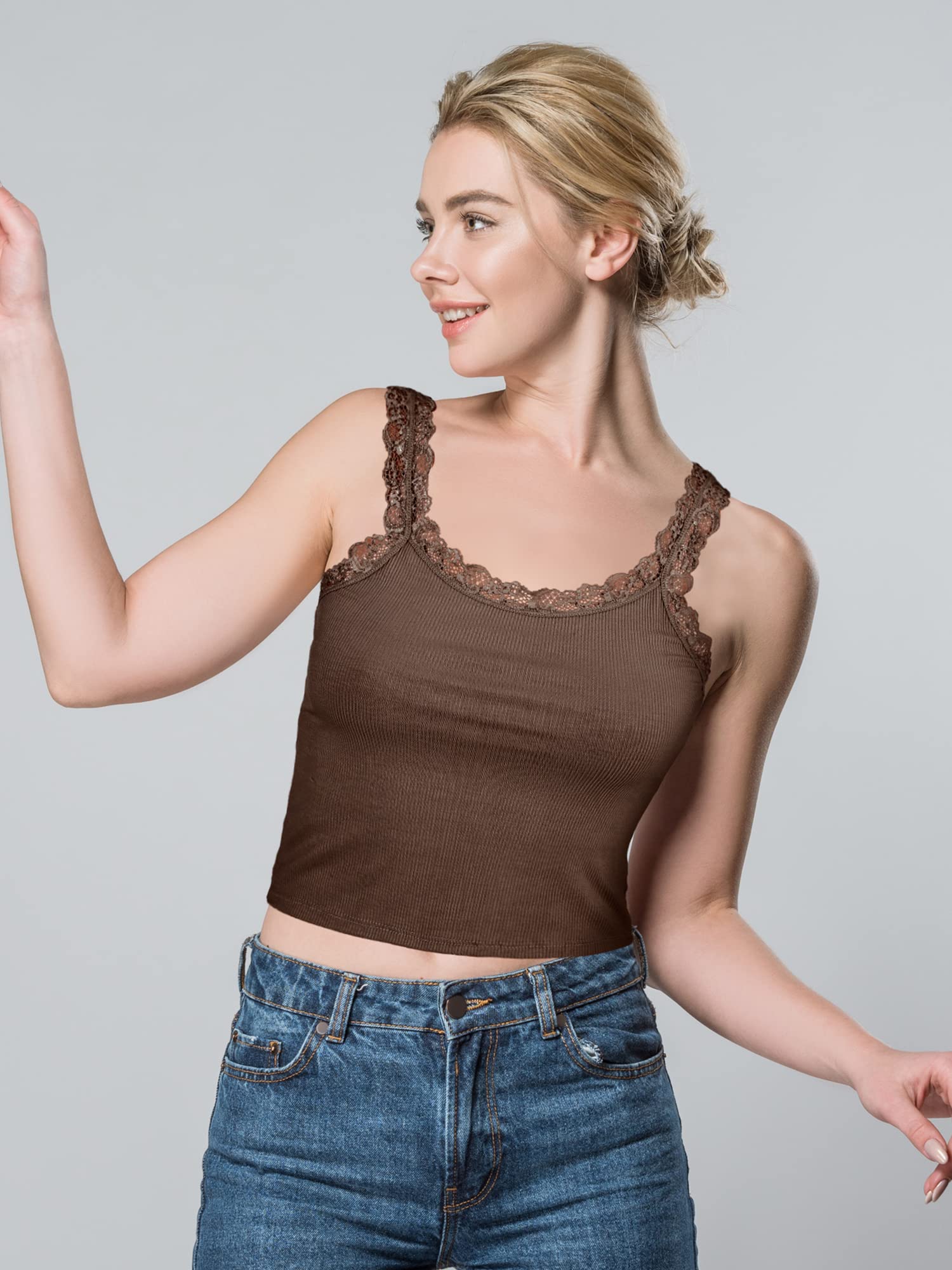 Sintege 3 Pcs Women's Lace Patchwork Tank Top Lace Camisole Tank Sleeveless Cami Crop Lacework Trim Y2k Tops(Small,Black, White, Coffee)