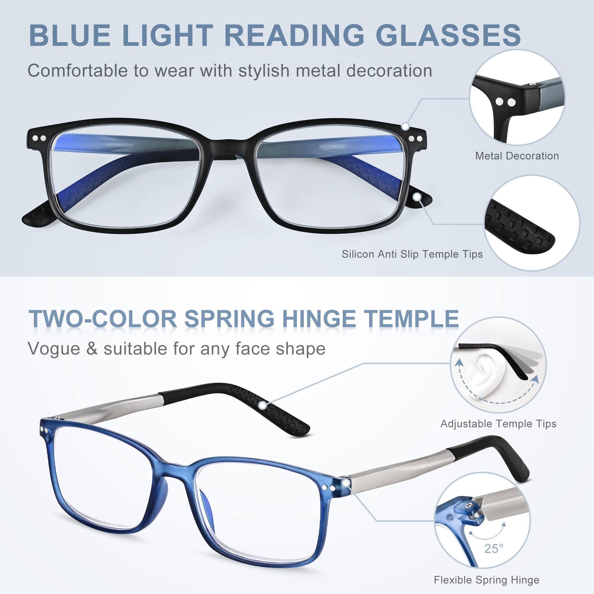 EASY READ 2 Pairs Sporty Style Reading Glasses for Men,Rectangular TR90 Blue Light Blocking Readers with Spring Hinge(Magnification 1.50,Black/Blue)