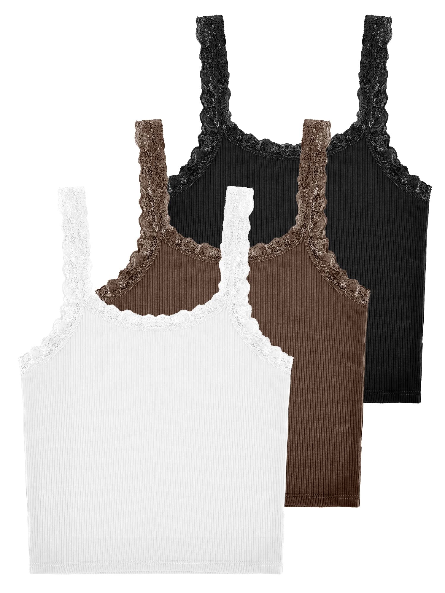 Sintege 3 Pcs Women's Lace Patchwork Tank Top Lace Camisole Tank Sleeveless Cami Crop Lacework Trim Y2k Tops(Small,Black, White, Coffee)