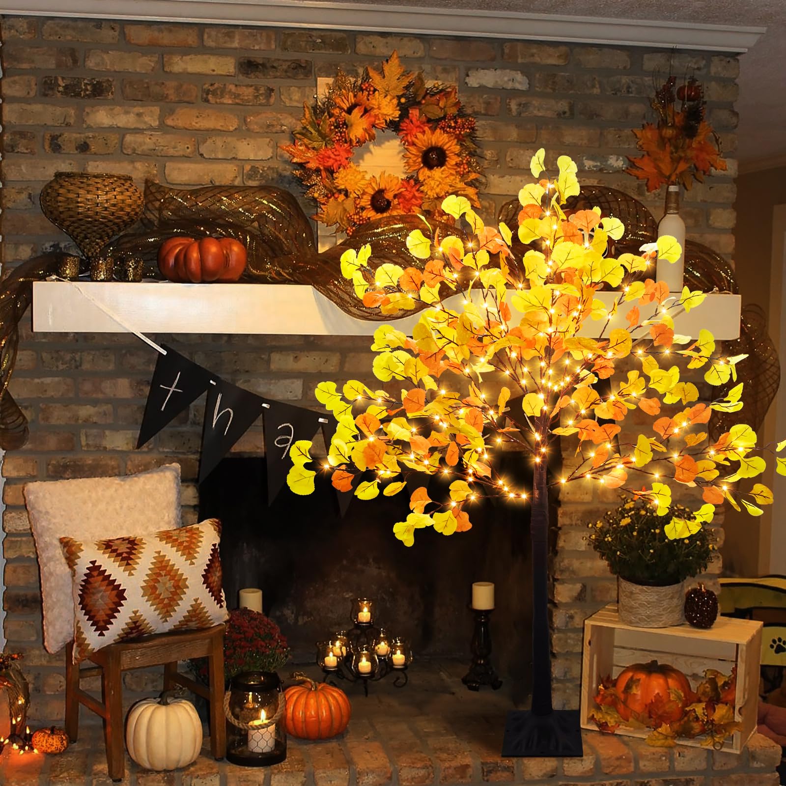 Ruidazon 4 FT Prelit Fall Lighted Ginkgo Tree with 140 LEDs Timer Fall Tree with Lights & 8 Flashing Modes Autumn Decoration for Home Wedding Indoor Outdoor Thanksgiving Halloween Christmas Decor