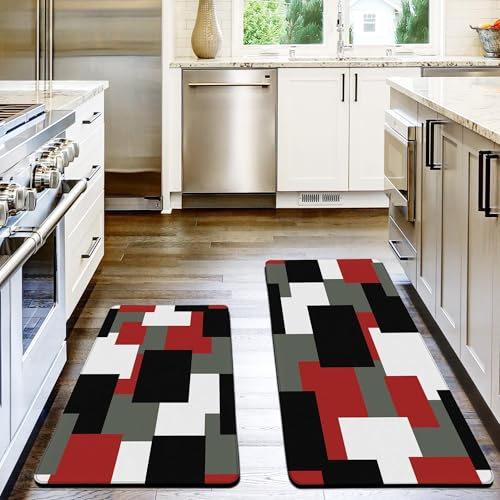chiinvent Red Black Kitchen Rugs Mats Set of 2 Cushioned Anti Fatigue Kitchen Floor Mat White and Grey Geometric PVC Non-Slip Waterproof Comfort Standing Mats for Kitchen Office, 17"x 47"+17"x 28"