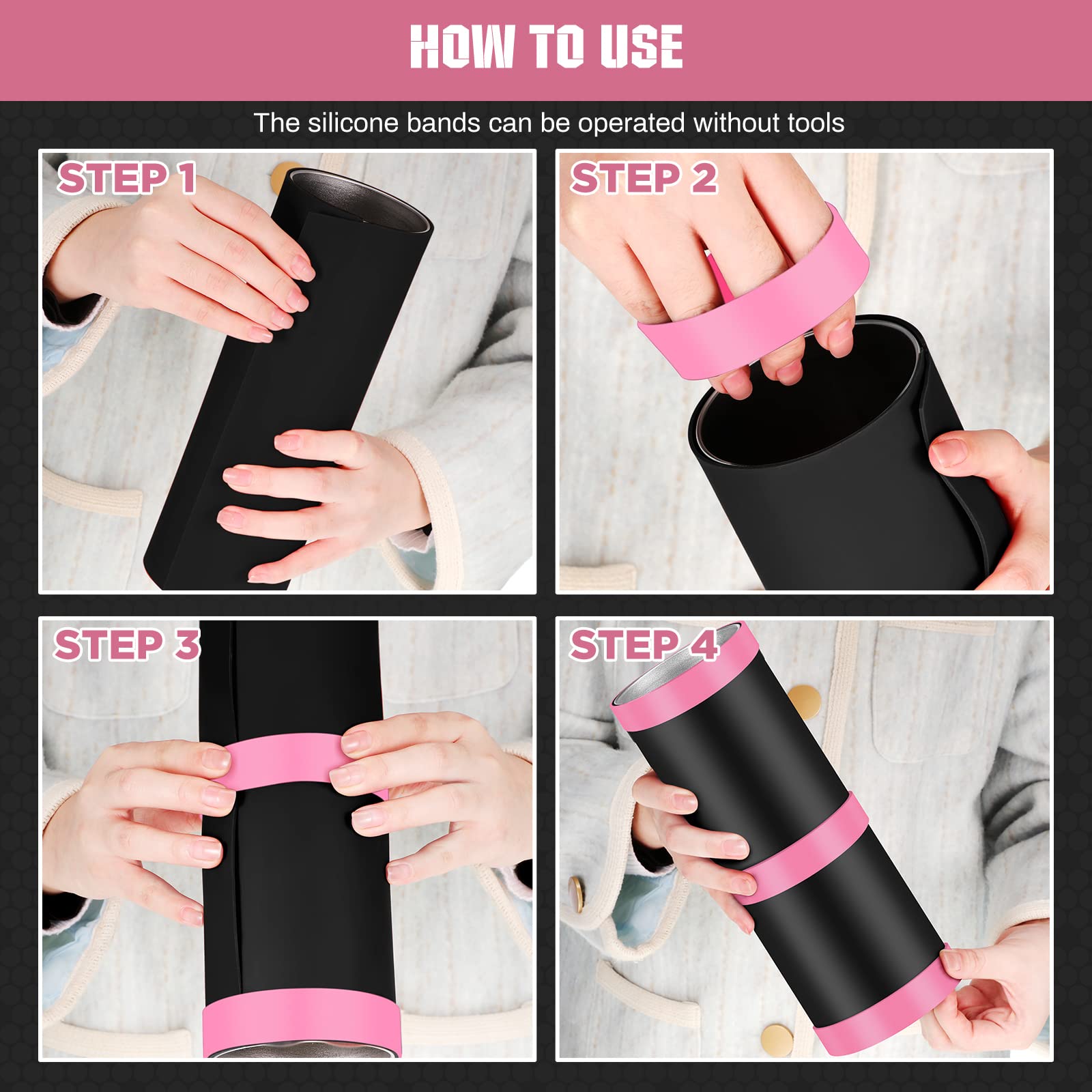 6 Pack Silicone Bands for Sublimation Tumbler Sublimation Silicone Bands Rubber Bands Elastic Sublimation Paper Holder Water Bottle Bands for Wrapping Cups Reducing Ghosting Art DIY (Pink, 8.27 Inch)