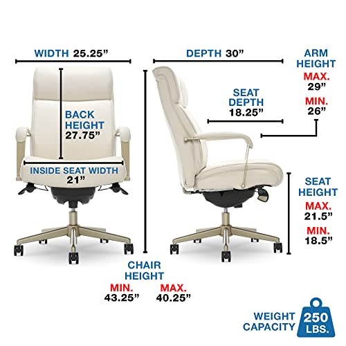 La-Z-Boy Melrose Executive Office, Adjustable High Back Ergonomic Computer Chair with Lumbar Support, Brass Finish, Ivory White Bonded Leather 30D x 25.25W x 40.25H Inch