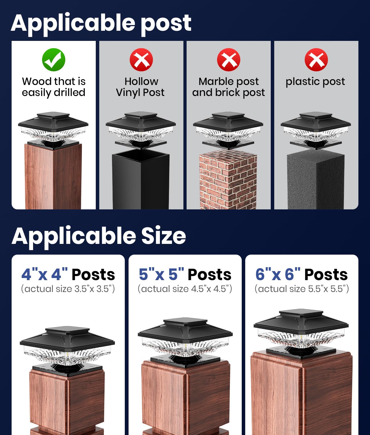6 Pack Solar Post Cap Lights,[NOT Hollow Post],Bright White Solar Post Lights Outdoor Waterproof Fence Post Cap Lights, Outside Post Lights Solar Powered Deck Lights for 4x4 5x5 6x6 Wood Posts