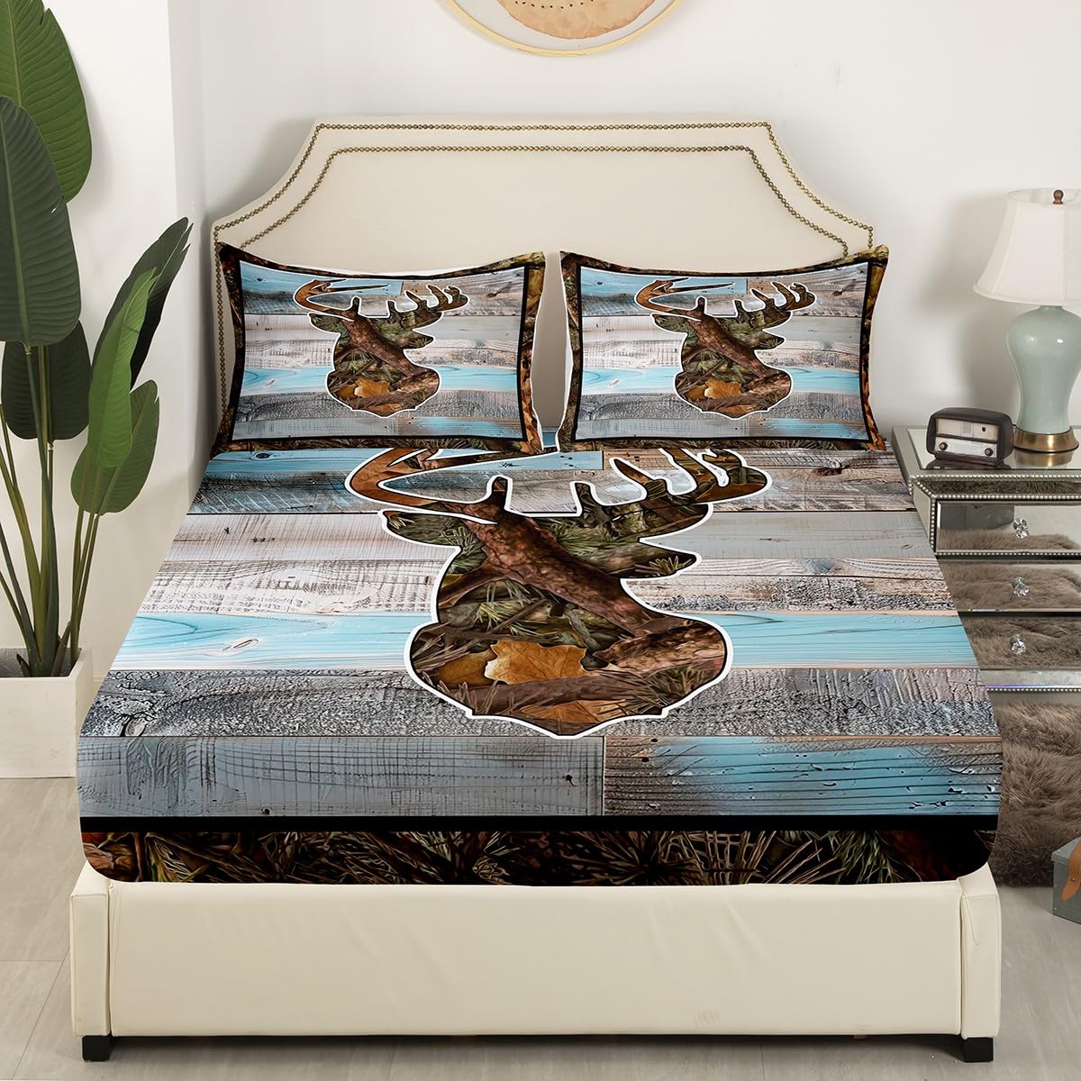 Erosebridal Rustic Cabin Bedding Set Twin Teen Boys Hunting Camo Deer Fitted Sheet Country Farmhouse Woodland Animal Barn Door Bed Sheets,Trees Branches Leaves Camouflage Sheets 1 Pillow Case