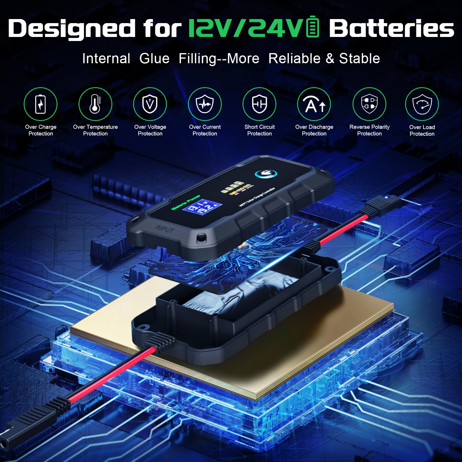 20A 12V/24V MPPT Solar Charge Controller, Bateria Power Intelligent Solar Panel Regulator 20 Amp with LCD Display and LED Indicate Light Designed for 12/24 Volt Gel AGM Lithium LiFePO4 (Sunrock 20)