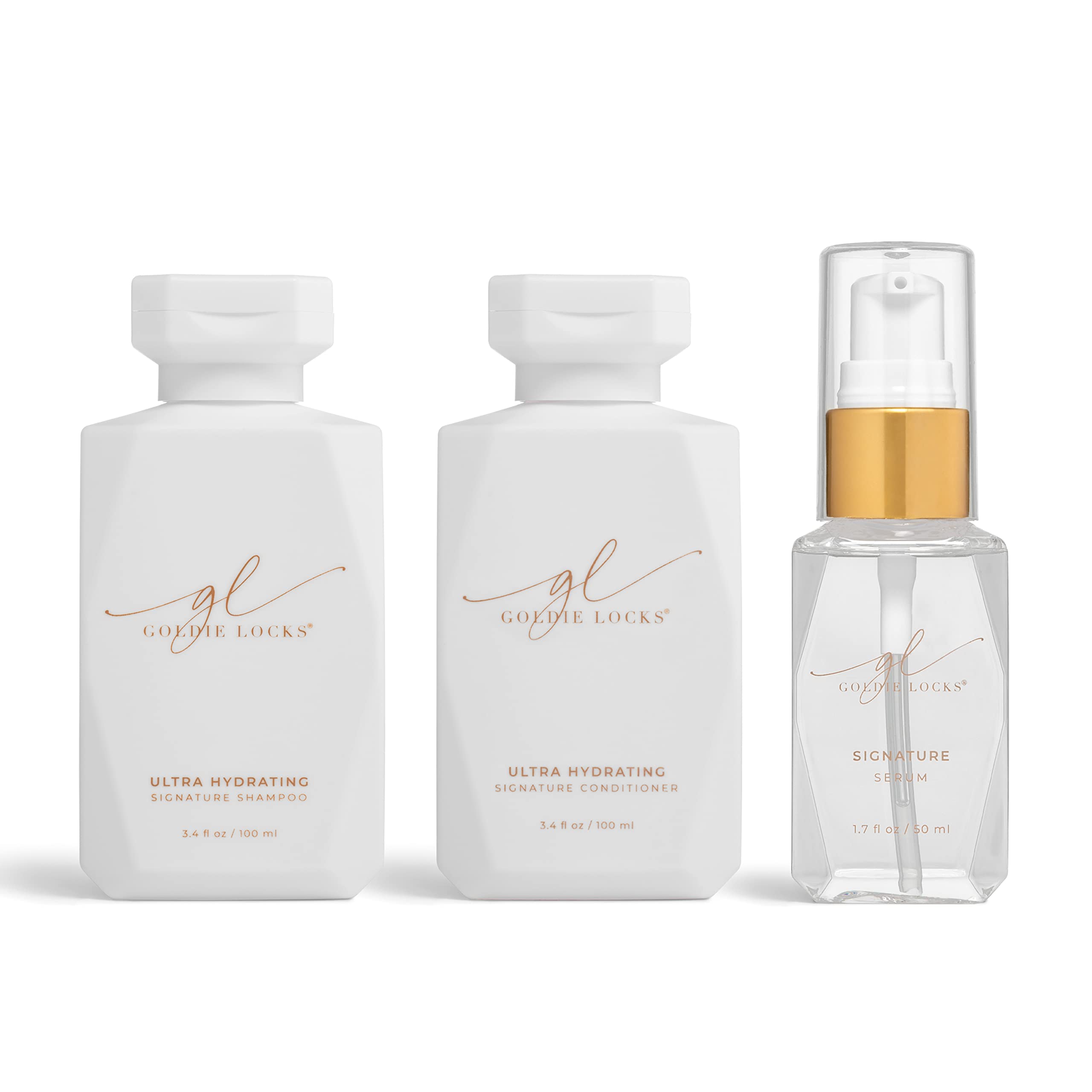 Goldie Locks Travel Essentials Bundle, Ultra Hydrating Shampoo, Conditioner & Signature Serum, Hair Care Set with Nourishing Marula Oil & Biotin, Paraben & Sulfate-Free, 3.4 Oz / 1.7 Oz