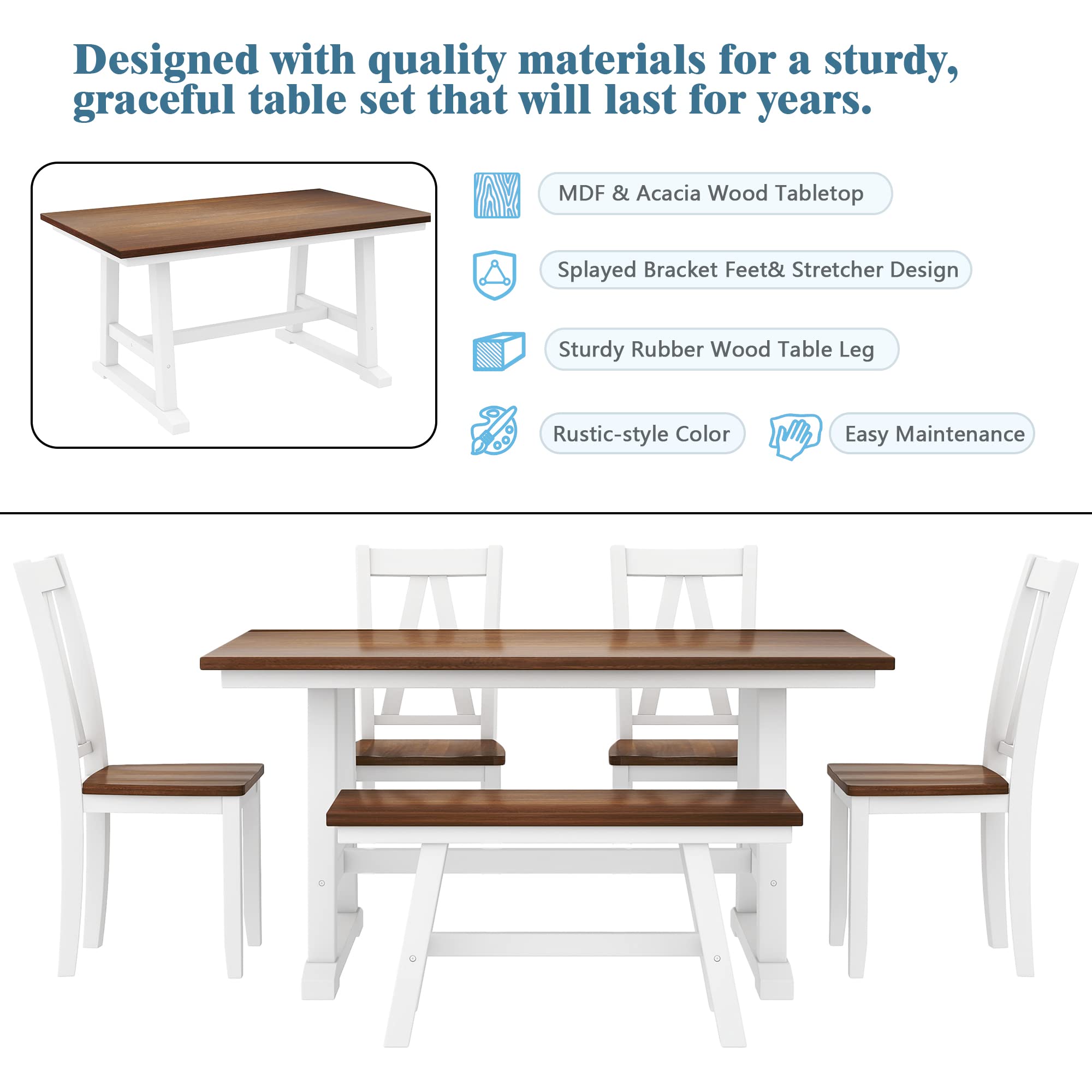 GLORHOME 6-Piece Farmhouse Style Wood Kitchen Table Set with Long Bench and 4 Dining Chairs,Walnut+White