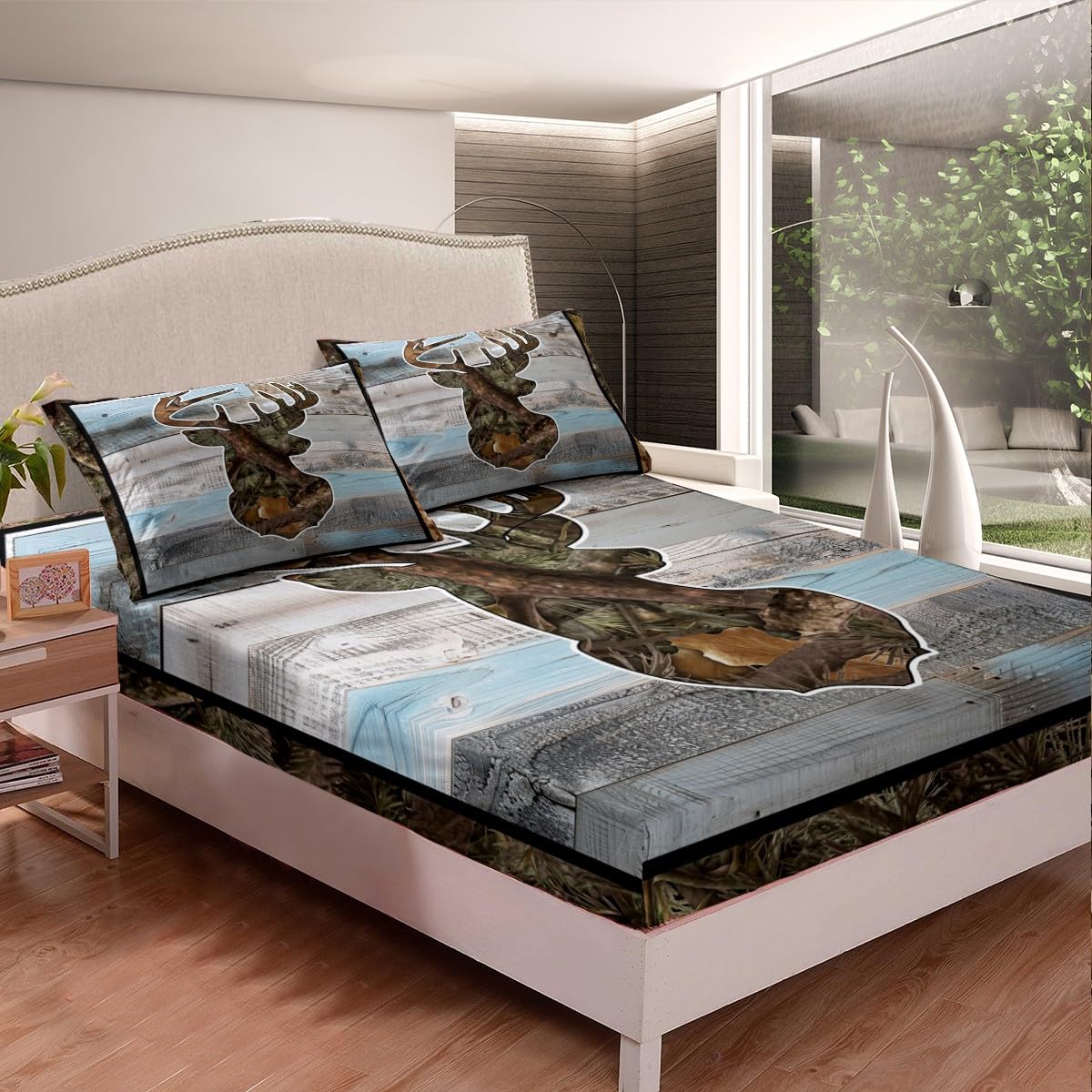 Erosebridal Rustic Cabin Bedding Set Twin Teen Boys Hunting Camo Deer Fitted Sheet Country Farmhouse Woodland Animal Barn Door Bed Sheets,Trees Branches Leaves Camouflage Sheets 1 Pillow Case
