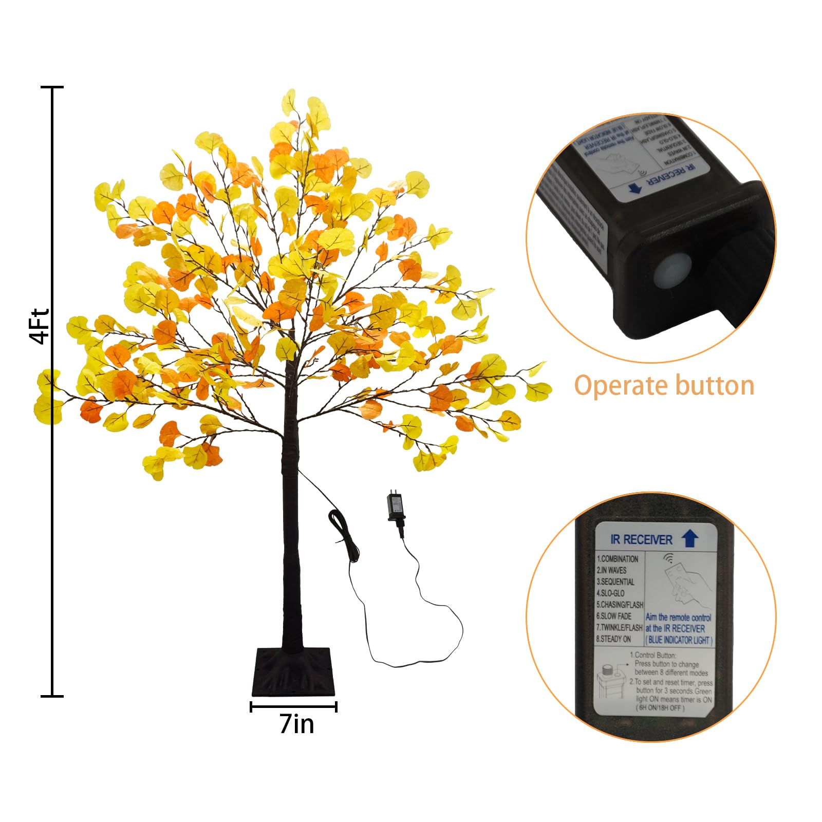 Ruidazon 4 FT Prelit Fall Lighted Ginkgo Tree with 140 LEDs Timer Fall Tree with Lights & 8 Flashing Modes Autumn Decoration for Home Wedding Indoor Outdoor Thanksgiving Halloween Christmas Decor