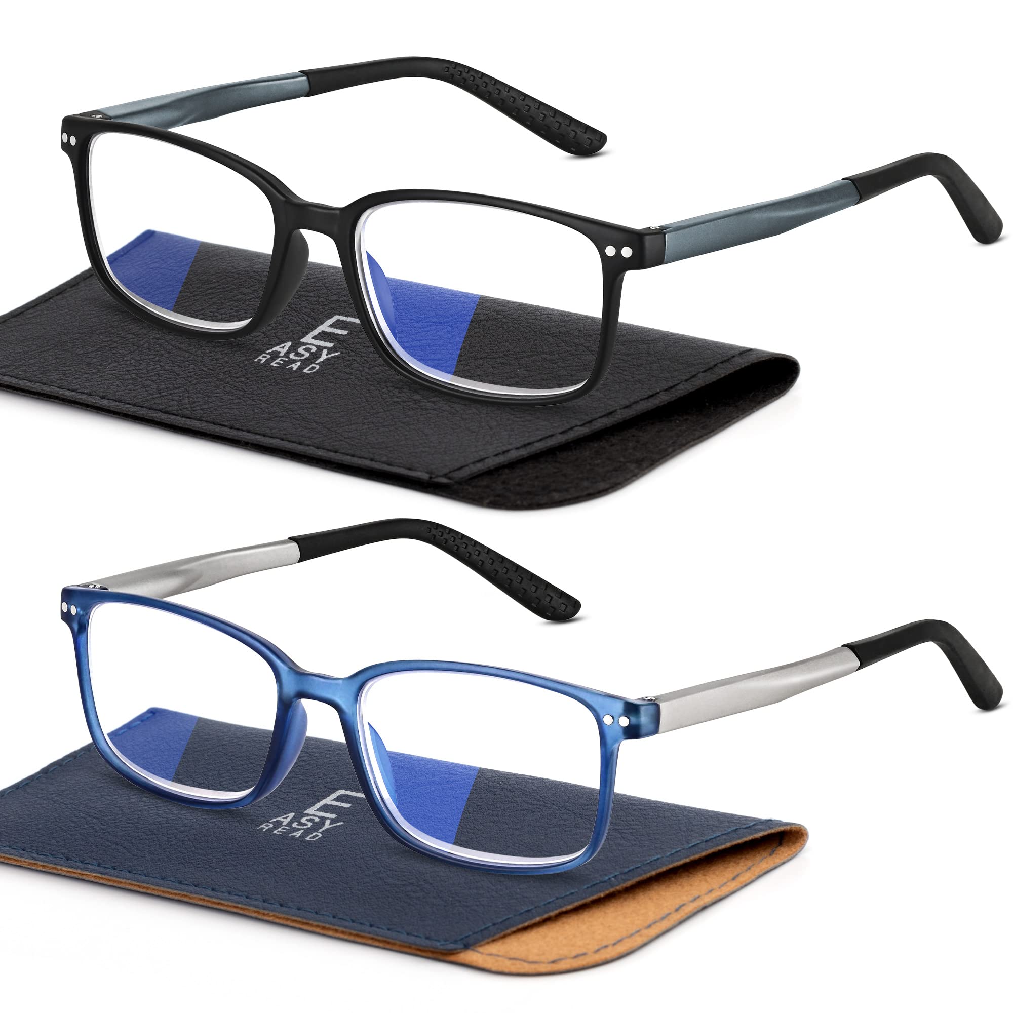 EASY READ 2 Pairs Sporty Style Reading Glasses for Men,Rectangular TR90 Blue Light Blocking Readers with Spring Hinge(Magnification 1.50,Black/Blue)