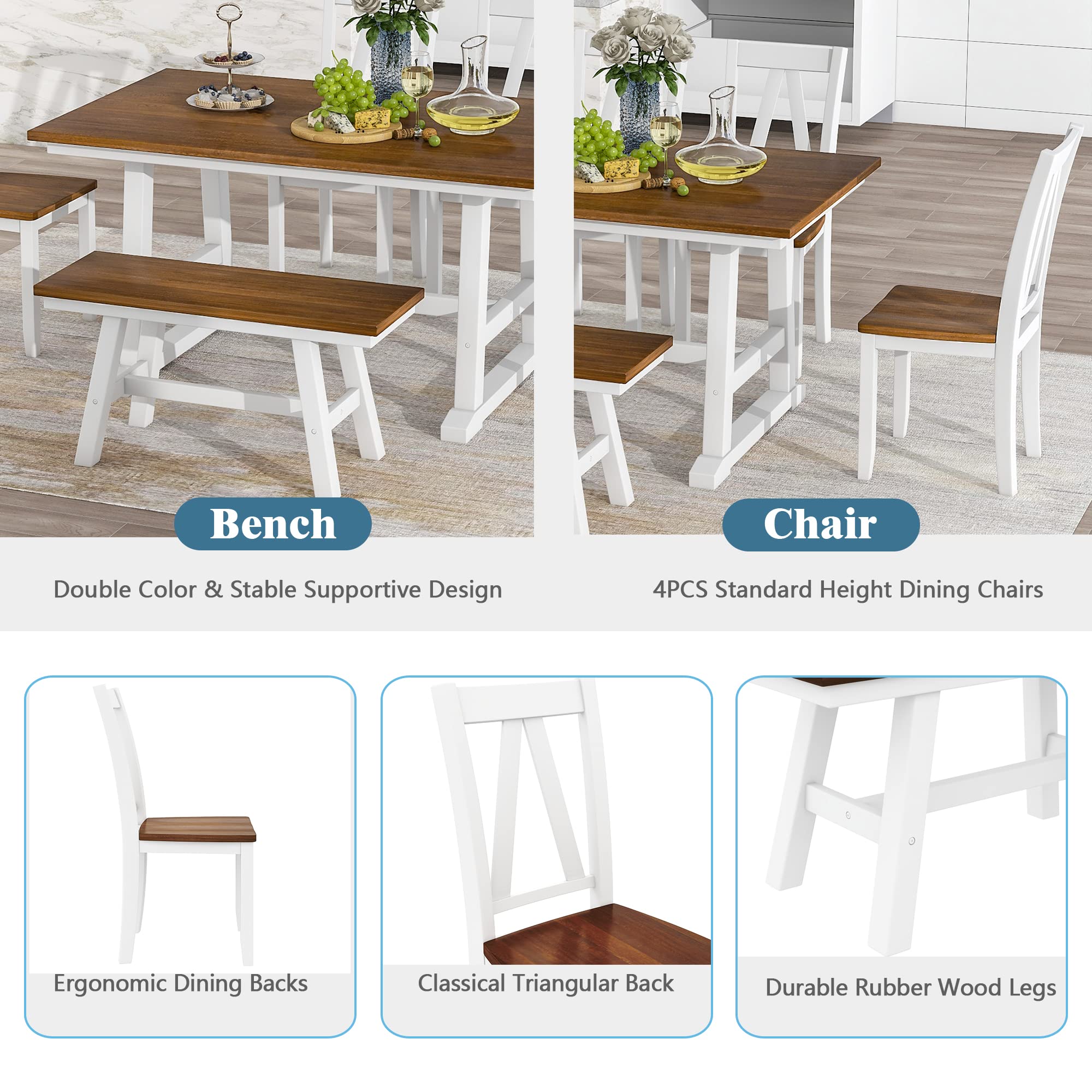 GLORHOME 6-Piece Farmhouse Style Wood Kitchen Table Set with Long Bench and 4 Dining Chairs,Walnut+White