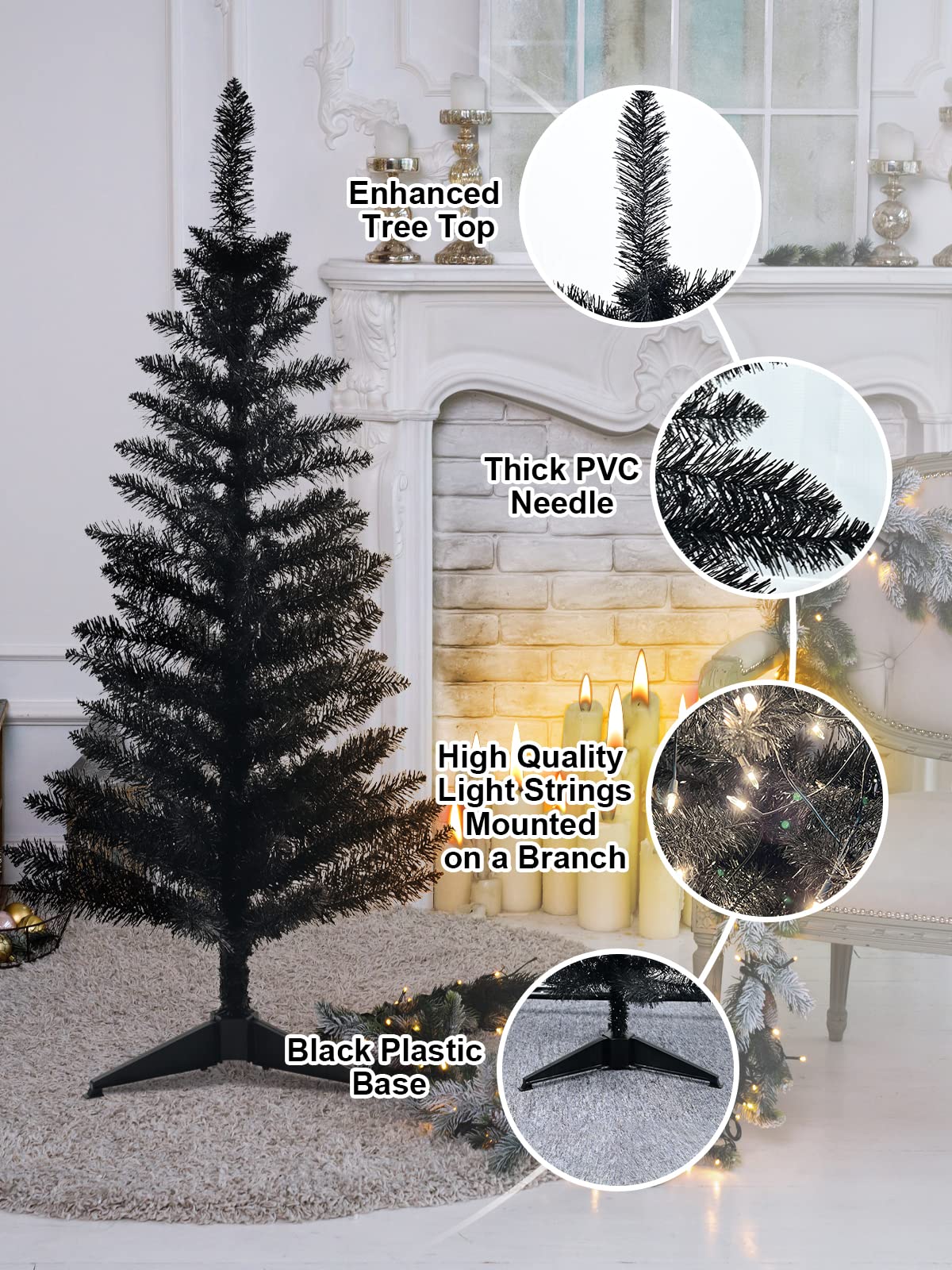 Kadunmina 4FT Artificial Christmas Tree with Stand Black Halloween Tree Small Xmas Tree with 122 Branch Tips for Indoor and Outdoor