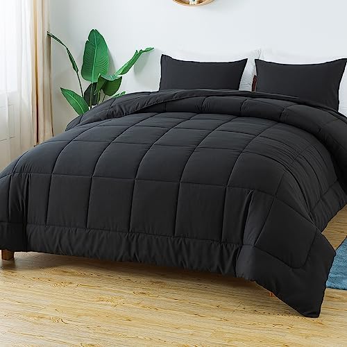 HOXXME Twin Size Comforter Set Black, All Seasons Bedding Comforters & Sets with Pillow Cases, 2 Pieces Lightweight Summer Duvet Insert, Down Alternative Bedding Set with 1 Pillowcases, 64"x88"
