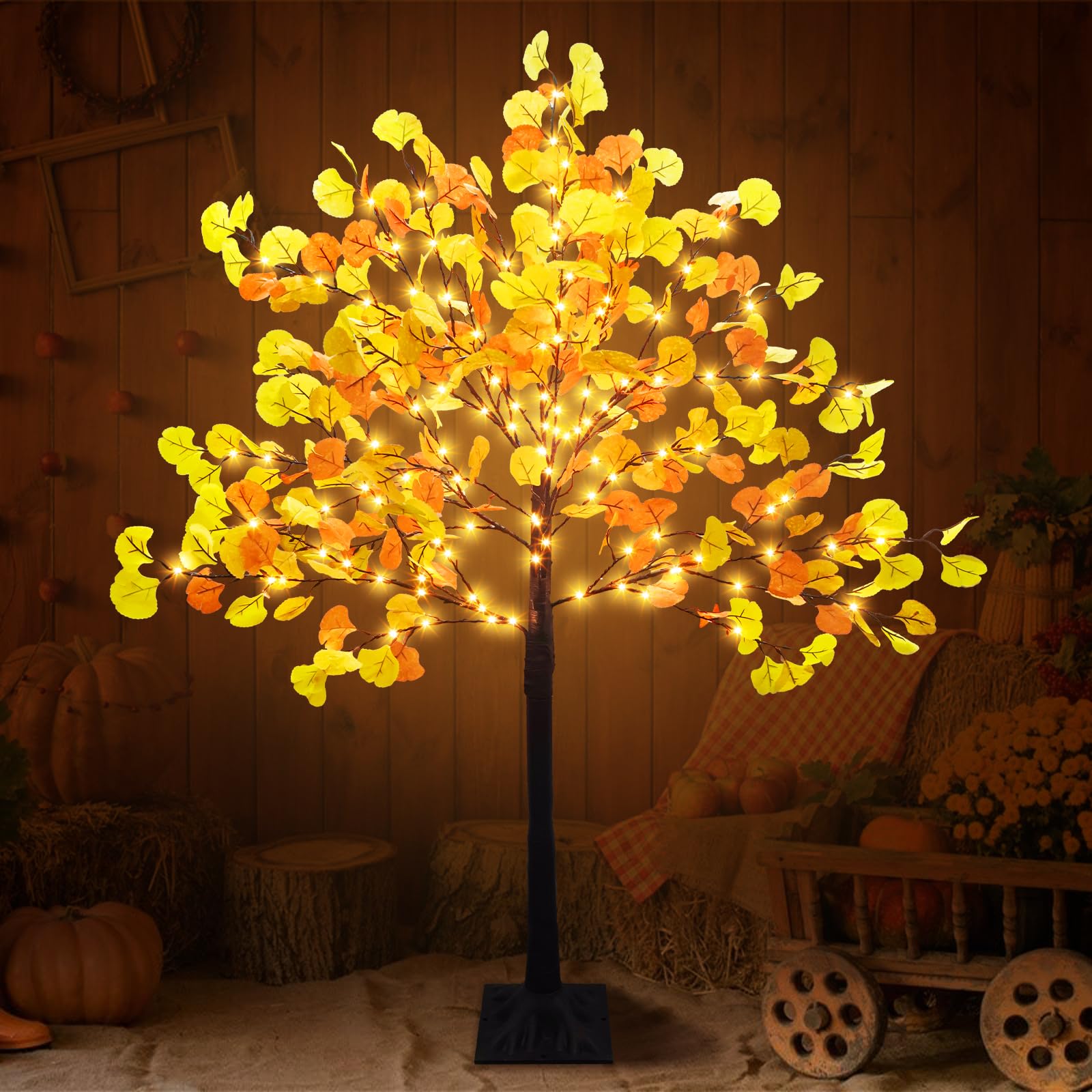 Ruidazon 4 FT Prelit Fall Lighted Ginkgo Tree with 140 LEDs Timer Fall Tree with Lights & 8 Flashing Modes Autumn Decoration for Home Wedding Indoor Outdoor Thanksgiving Halloween Christmas Decor