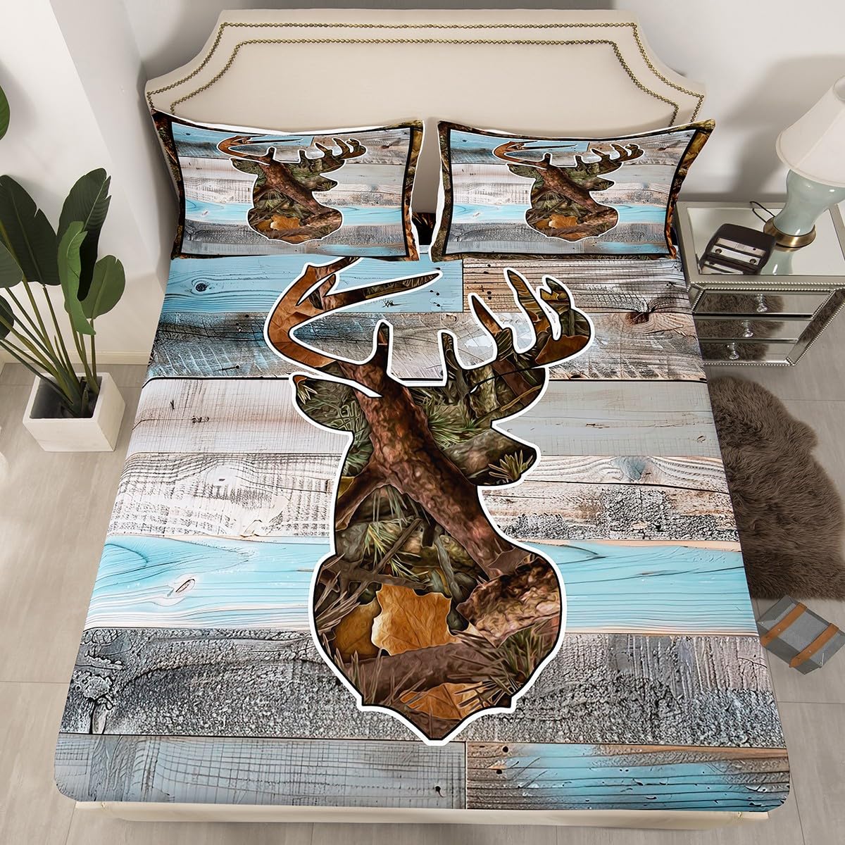 Erosebridal Rustic Cabin Bedding Set Twin Teen Boys Hunting Camo Deer Fitted Sheet Country Farmhouse Woodland Animal Barn Door Bed Sheets,Trees Branches Leaves Camouflage Sheets 1 Pillow Case