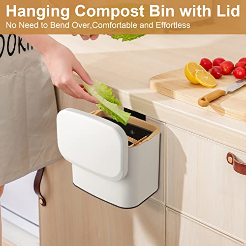 Anzoymx Hanging Stainless Steel Compost Bin 1.05 Gallon Wall Mounted Trash Can with Lid,Kitchen Cabinet Door Under Sink Small Garbage Can for Counter Top Cupboard Bathroom(1.05 Gallon,White)