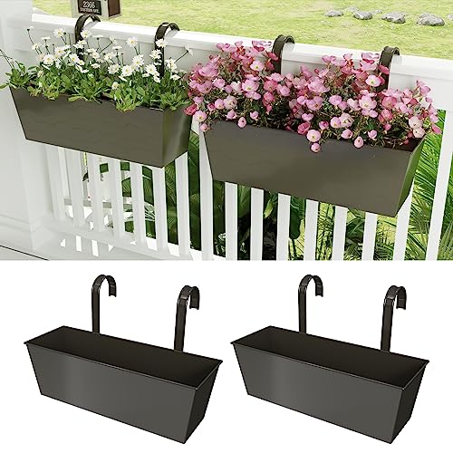 PINFENGJIAJU 24 Inch Metal Iron Hanging Planters 2 Pack, Large Rectangular Hanging Flower Pots with Detachble Hooks, Deck Rail Fence Balcony Hanging Planter Boxs with Drainage Holes(Shimmerry Brown)