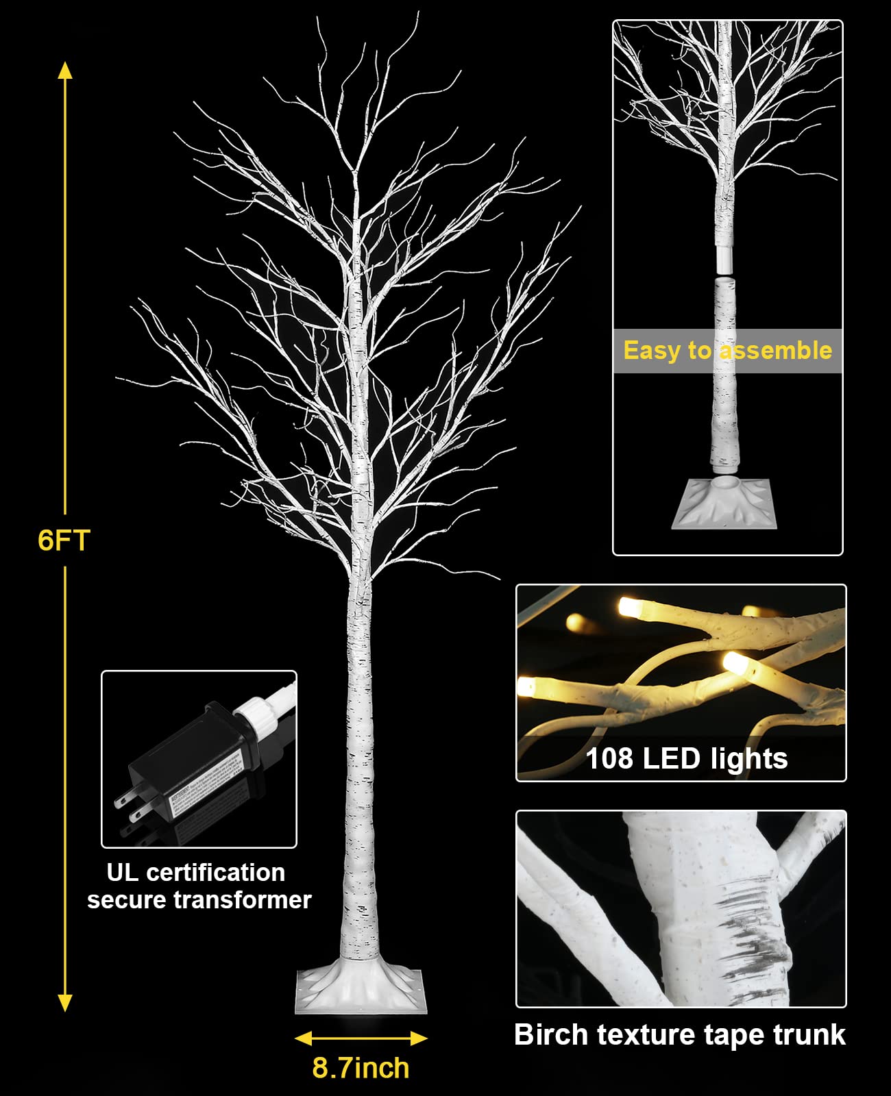 CUJGT Lighted Tree, 6 Ft 128 Led Birch Tree with Fairy Lights for Decoration Inside Outside, Birch Tree with Led Lights for Christmas Halloween Holiday Wedding Home Room Decor