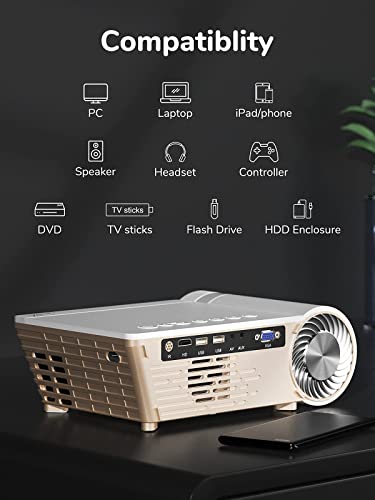 YEHUA Mini Projector with WiFi and Bluetooth,4k Portable Projector HD 1080P and 200" Screen Supported, LED Outdoor Movie Projector with Remote,Compatible with iOS,Android,HDMI,VGA,AV,2 USB Interface
