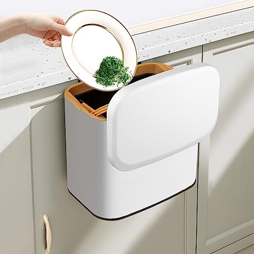 Anzoymx Hanging Stainless Steel Compost Bin 1.05 Gallon Wall Mounted Trash Can with Lid,Kitchen Cabinet Door Under Sink Small Garbage Can for Counter Top Cupboard Bathroom(1.05 Gallon,White)