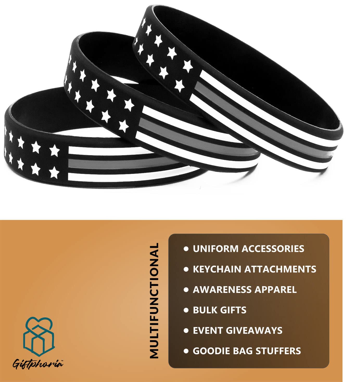 Giftphoria Thin Gray Line Flag Bracelets (6-pack) - Thin Grey Line Accessories for Corrections Officers, Prison Guards, Parole and Probation Officers - 6 Silicone Rubber Wristbands for Men and Women