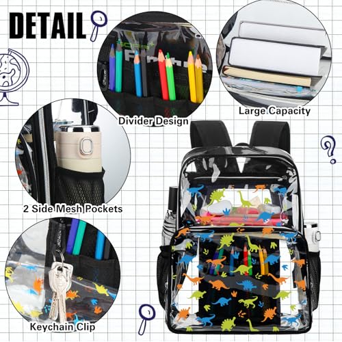 Kacctyen 3 Pcs Pink Clear Backpack for Girl Boy Kid Heavy Duty School Clear Bookbag Transparent Backpack with Lunch Bag(Black,Dinosaur)