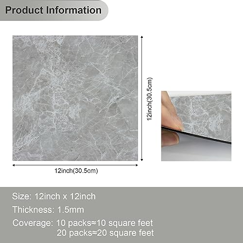 VaryStyle 12"x12" Peel and Stick Floor Tiles - Grey Marble Vinyl - 10 Pack - Waterproof, Self-Adhesive, Removable - Sticky Vinyl Flooring for Bathroom, Bedroom, Kitchen