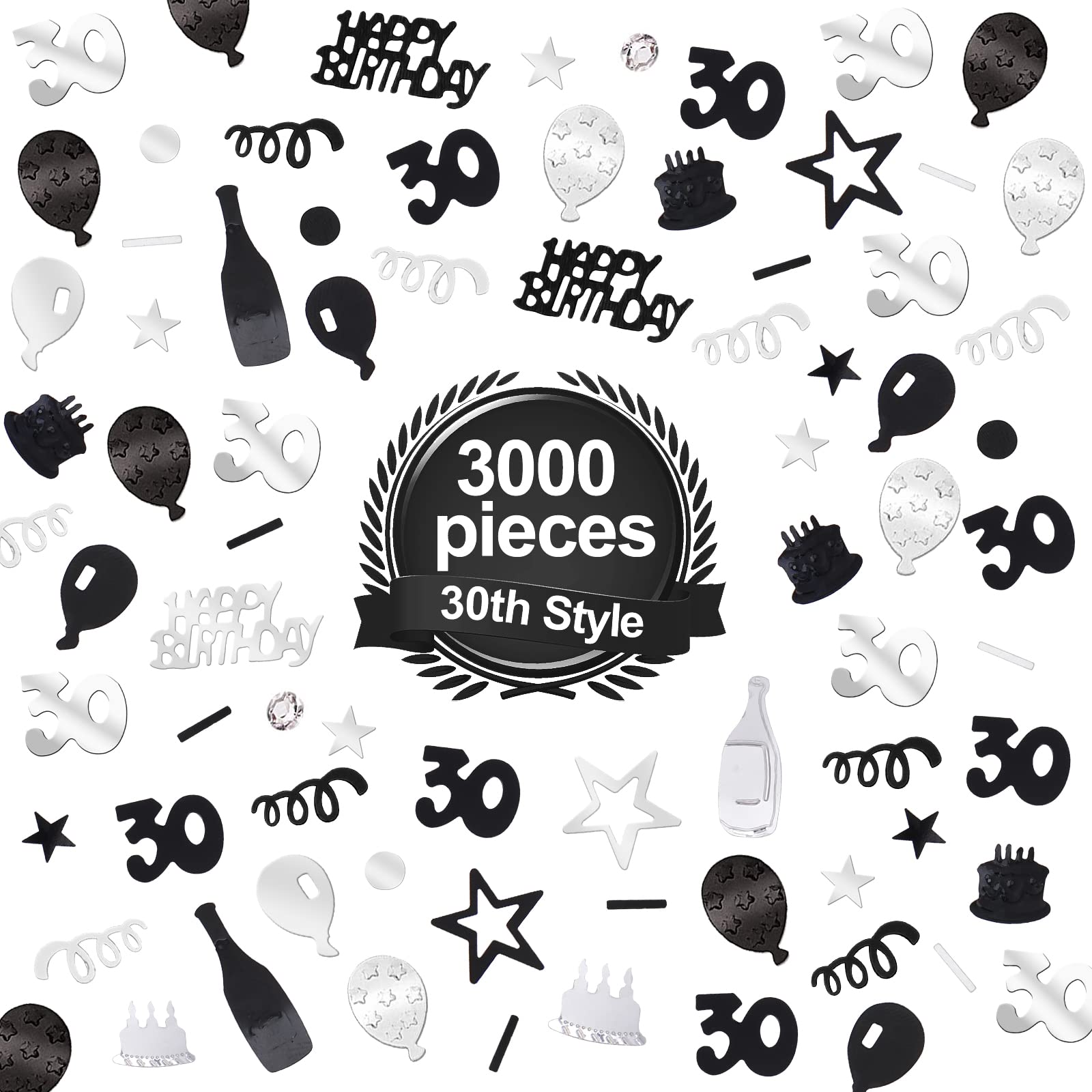 3000 PCS Black Silver 30th Happy Birthday Confetti Decorations with Diamonds Black Silver 30th Birthday Party Table Decor Metallic Foil Confetti Scatter for Men Women Birthday Anniversary Party DIY